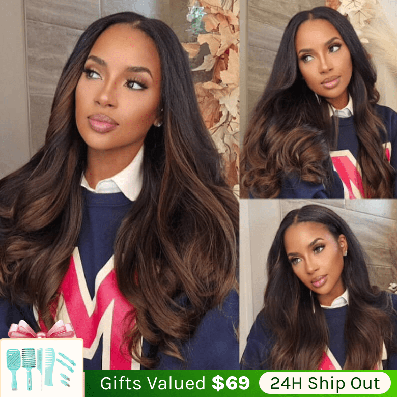 Klaiyi New EasiContour Yaki Straight Wig Ombre Chestnut Brown Color Wig ...